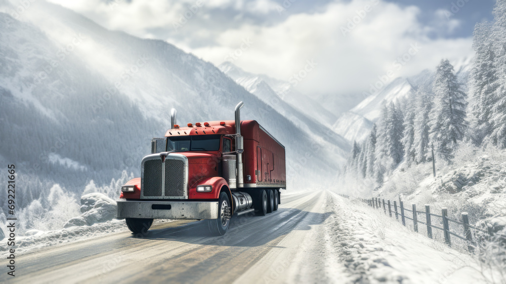 A snowy mountain landscape with a truck on a cold road. Stock Photo ...