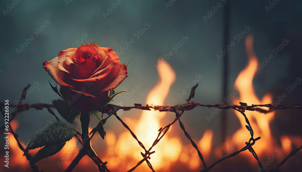 rose wrapped in barbed wire fence and the fire burning behind Stock ...