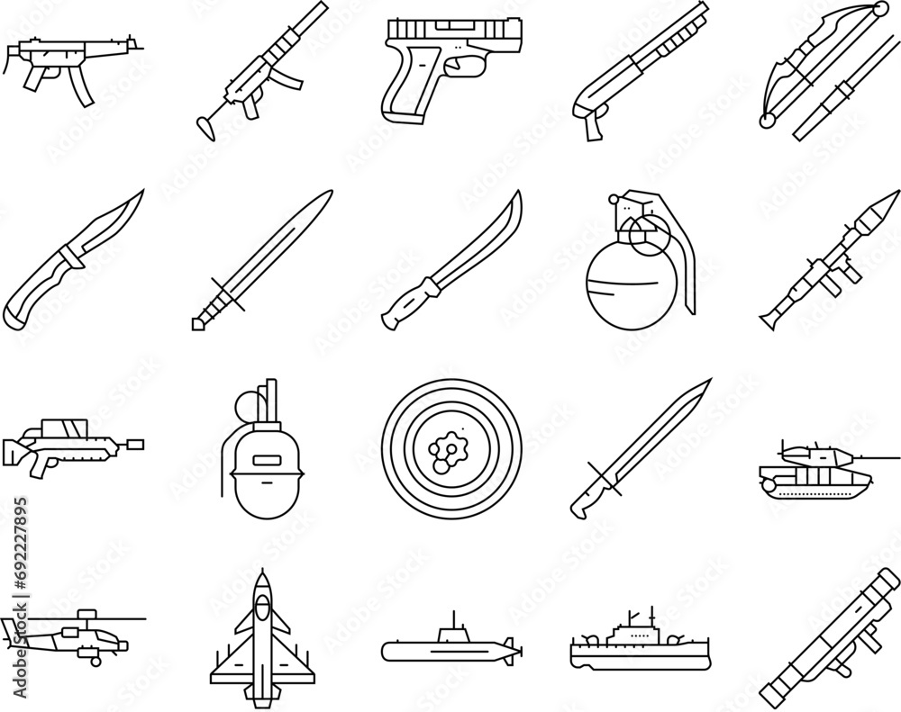 weapon war gun military army icons set vector. game knife, magic ...