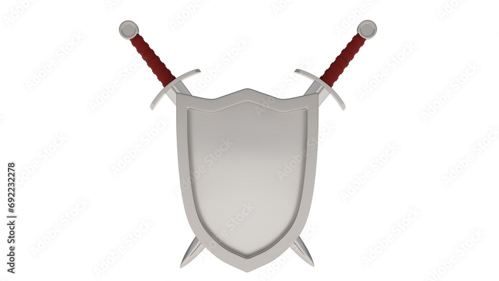 Crossed medieval sword with red handles and shield isolated on ...