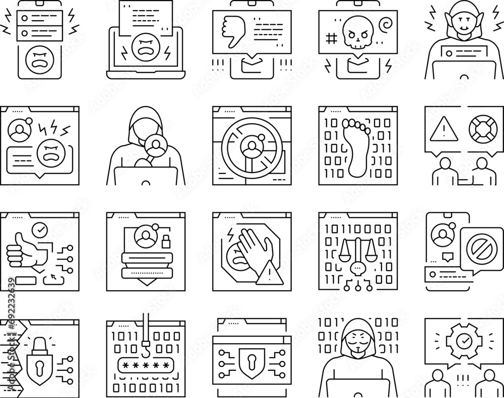 Vetor de cyberbullying cyber online icons set vector. bully abuse ...