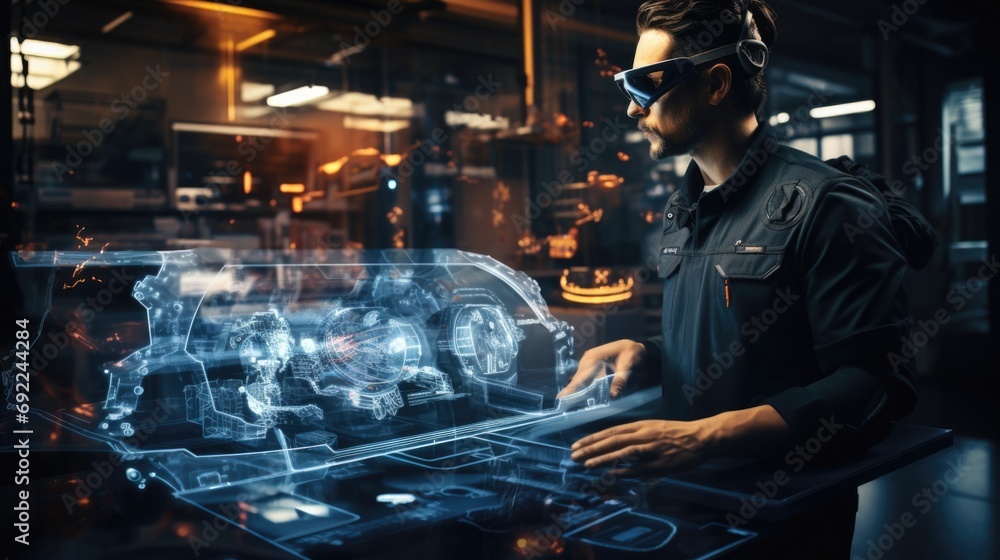 futuristic car mechanic inspecting the intricate details of an electric ...