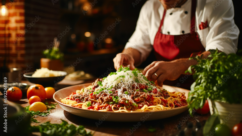 Cooking stage by capturing the moment when pasta is being lowered into ...