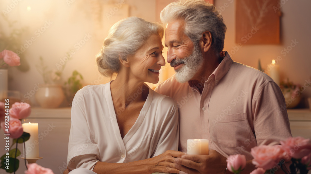 Heartwarming scene of an elderly couple applying moisturizer together ...