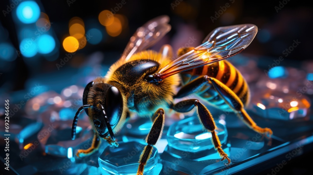 a bee is captured in a close-up shot on a neon keyboard. The bee's ...