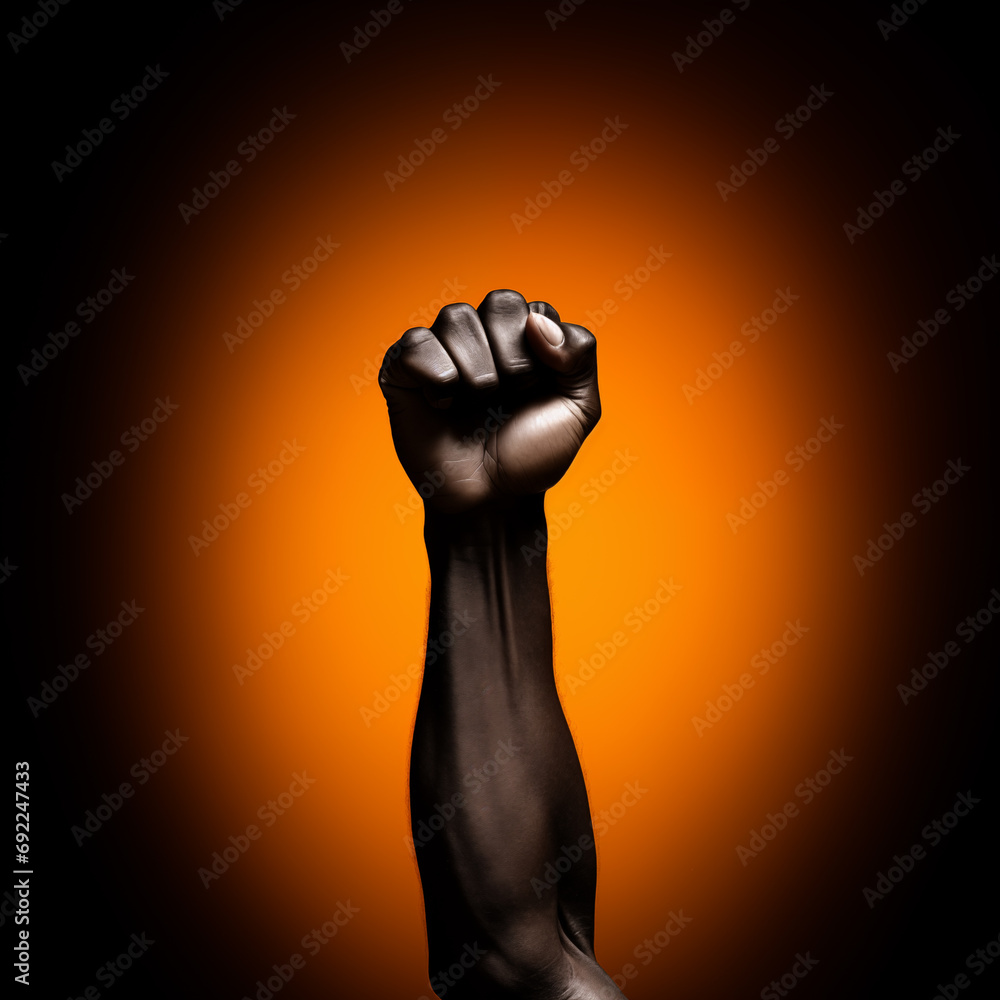 Black african american male fist in the air on black and orange ...