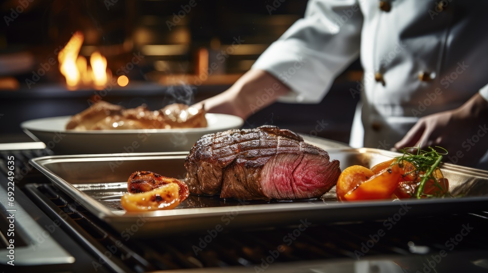 Exquisite Steak Presentation: A Chef in a Commercial Kitchen is ...