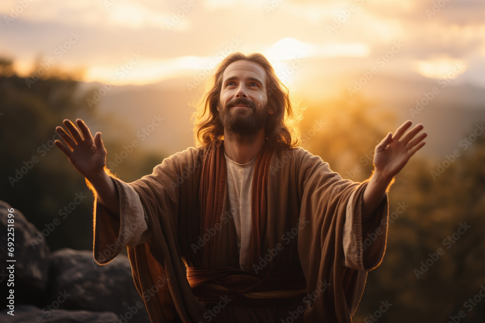 Jesus Christ with outstretched hands, a compassionate expression, set ...