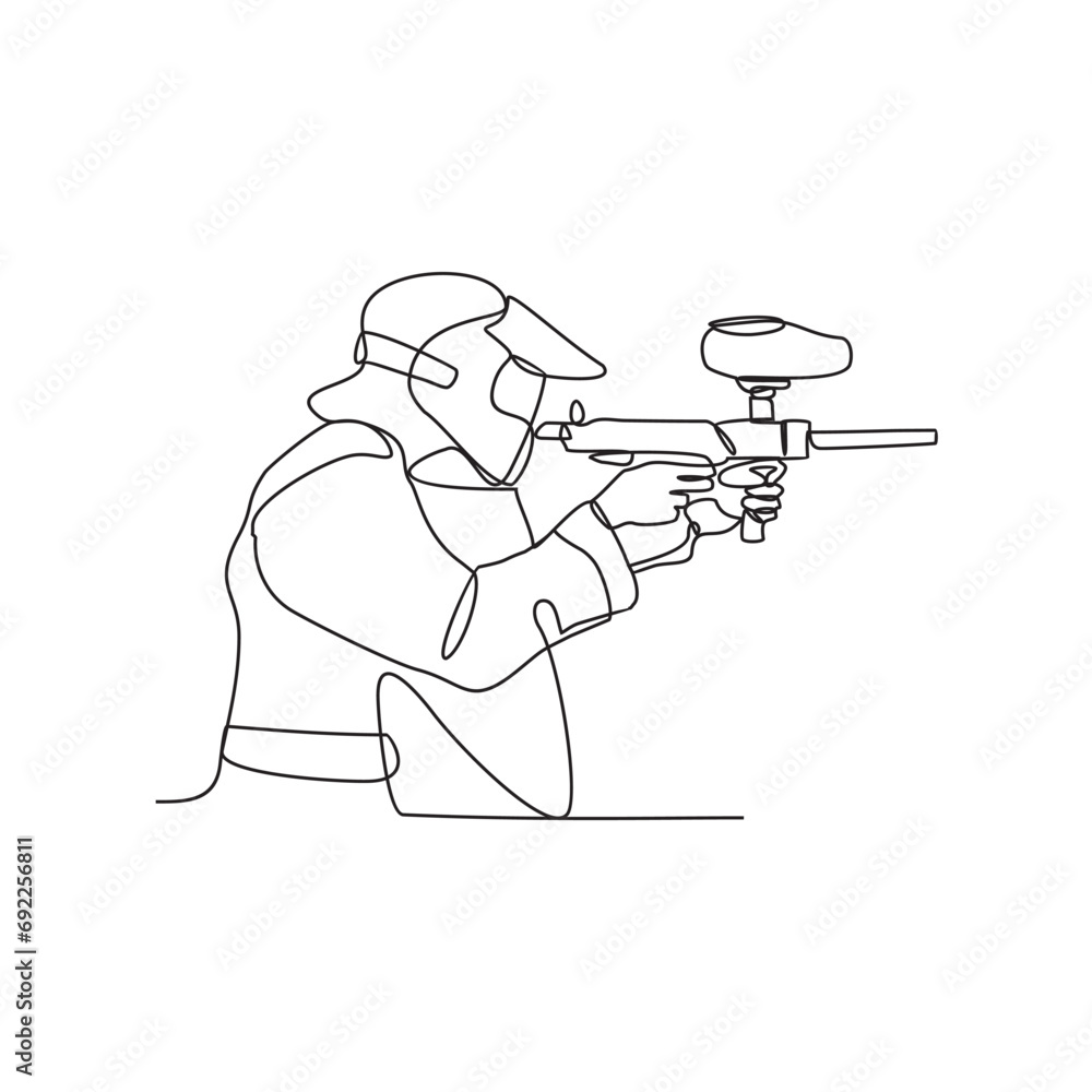 One continuous line drawing of a people are playing paint ball in the ...