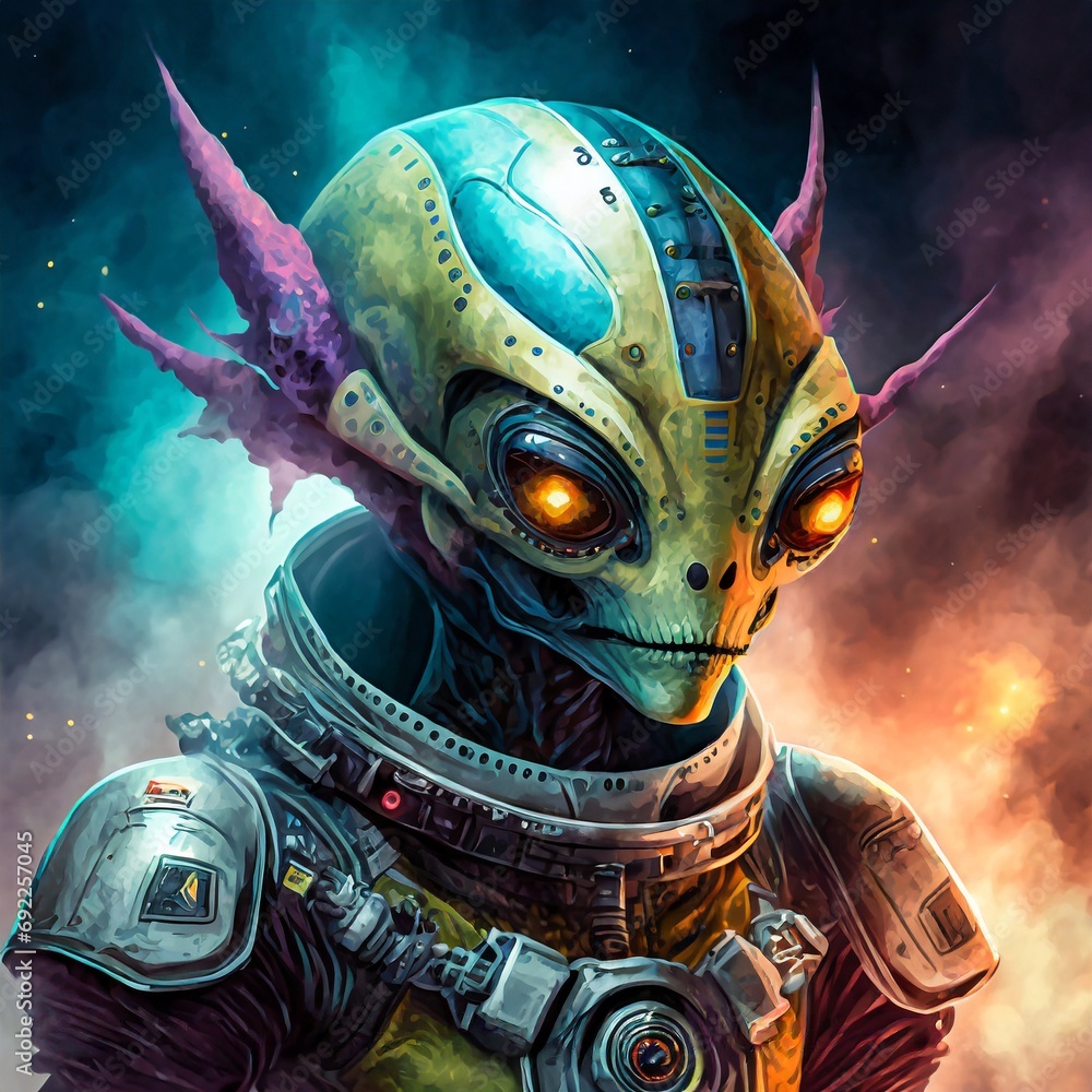 Close up of detailed alien creature with a tin can like head in a space ...