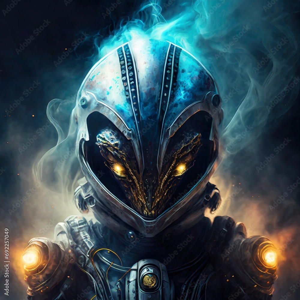 Close up of detailed alien creature with a tin can like head in a space ...