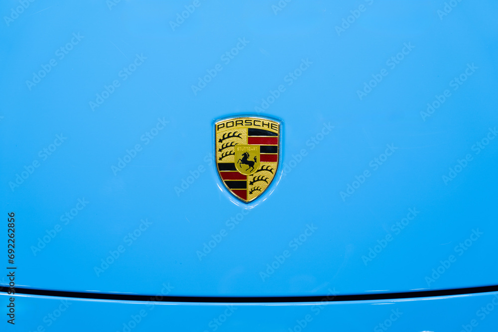 Nonthaburi Thailand DEC 11 2023: Porsche logo on Blue car. Porsche logo ...