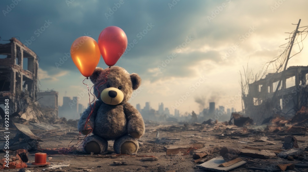 stuffed animal with balloons of a child abandoned by war in a destroyed ...