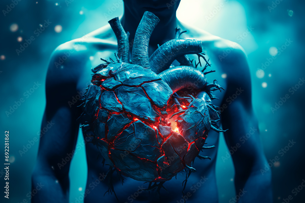 A man has a broken heart. A fantastic image of a broken heart in a man ...