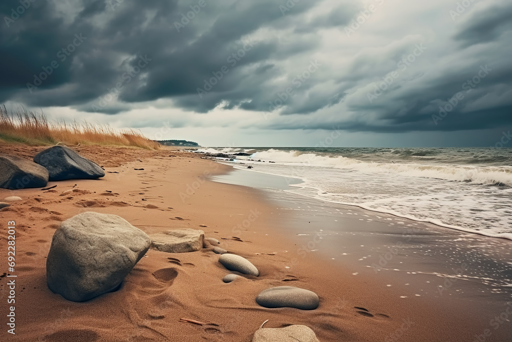 Rainy weather on coast of the ocean. Cold beach in a rainy weather with ...