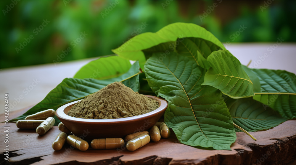 Mitragyna speciosa (kratom) leaves with medicinal products in the form ...