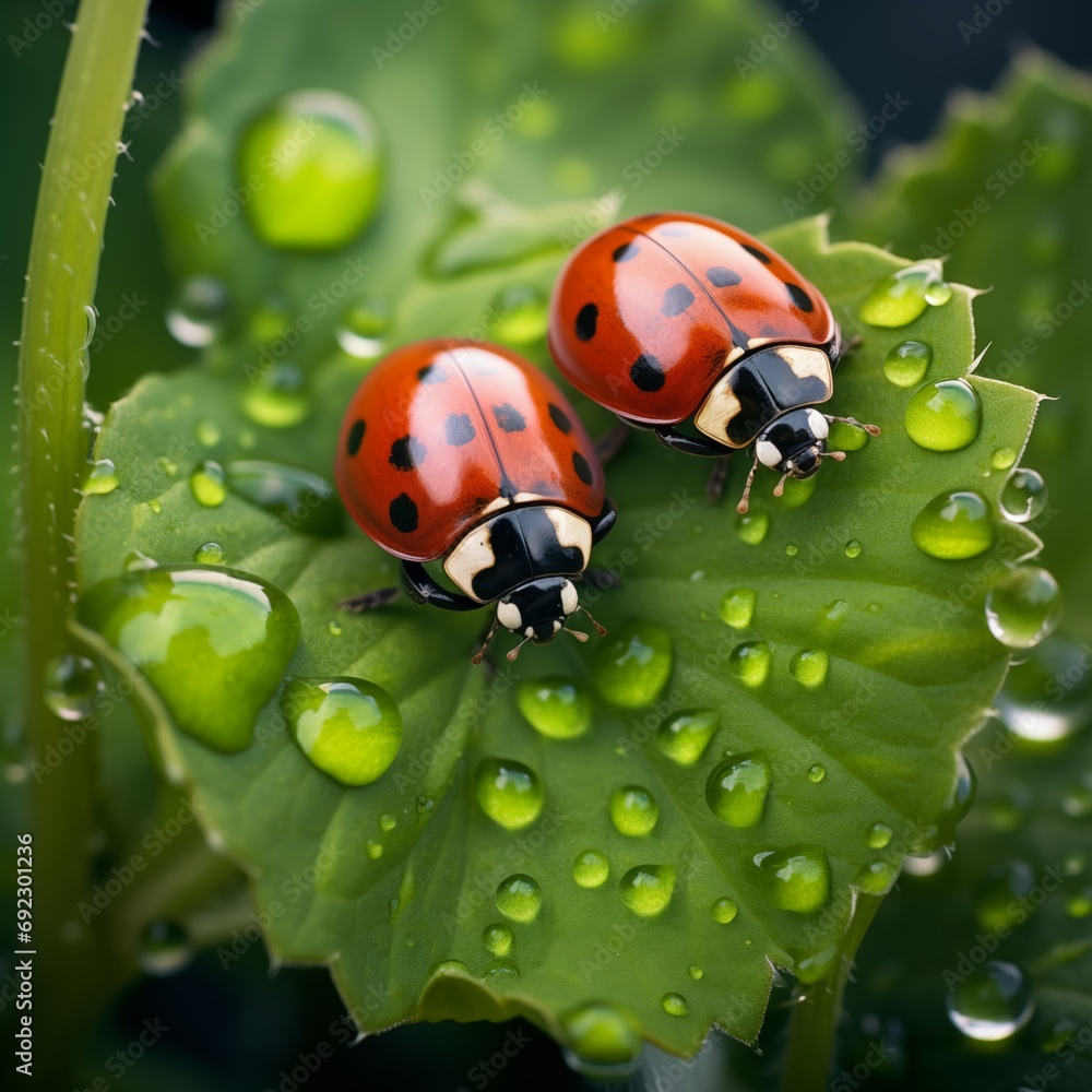 Ladybugs with Water Droplets on Lush Leaf, Detailing the Beauty of ...