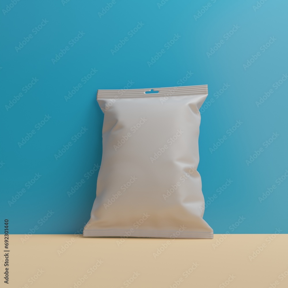 3d Chips bag mock up isolated on blue background and brown floors ...