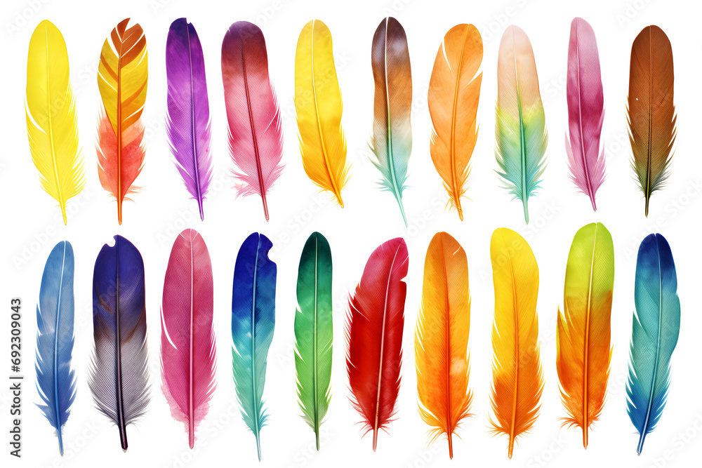 colourful rainbow watercolour feathers set isolated on transparent ...