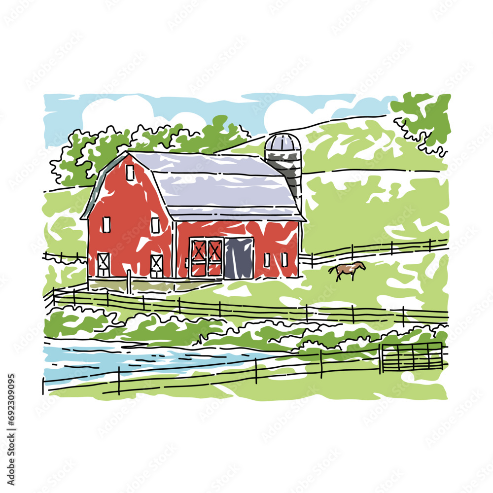 farm vector illustration with barn line art drawing. Abstract black and ...