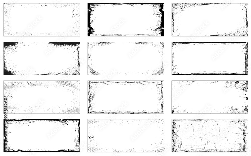 Vector illustration. Set of 12 frames in grunge style. Dirty borders ...