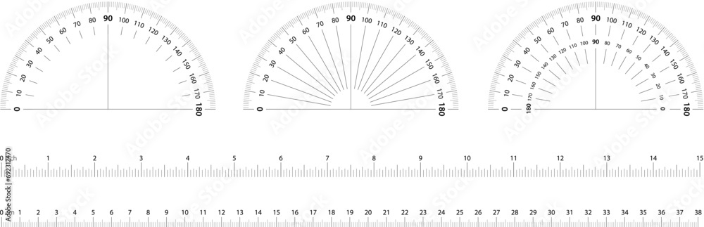 Degree protractor and ruler scales for measuring angle, size, length ...