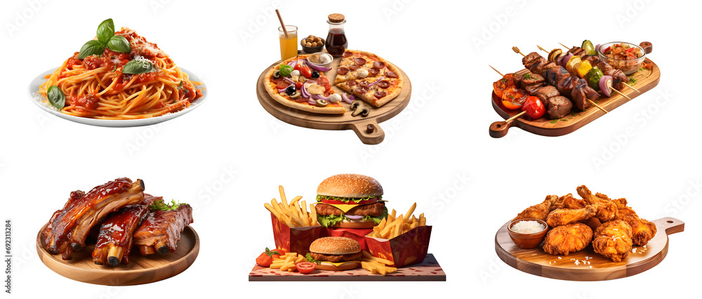 Set of foods, Spaghetti, Pizza on wooden plate, Kebab beef, BBQ pork ...