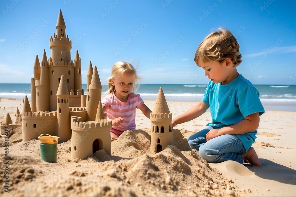 Sand Castle Kids Playing Boy Girl Beach Ocean bucket Stock Photo ...