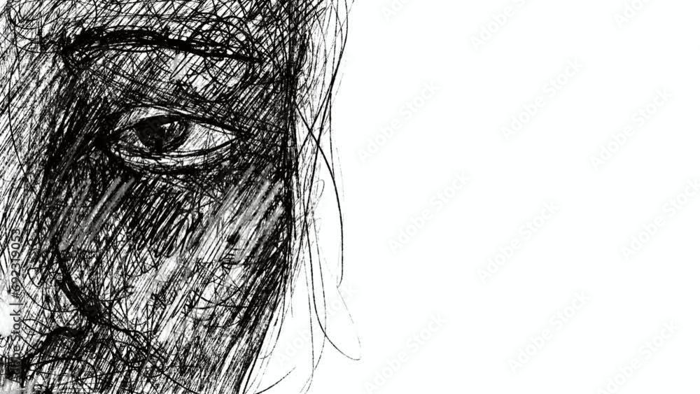 Drawn sad face with stream of tears falling from eye, 2D animation ...