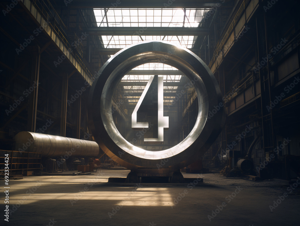 Giant Shiny Metal Object Shaped Like Numbers in a Factory Environment ...
