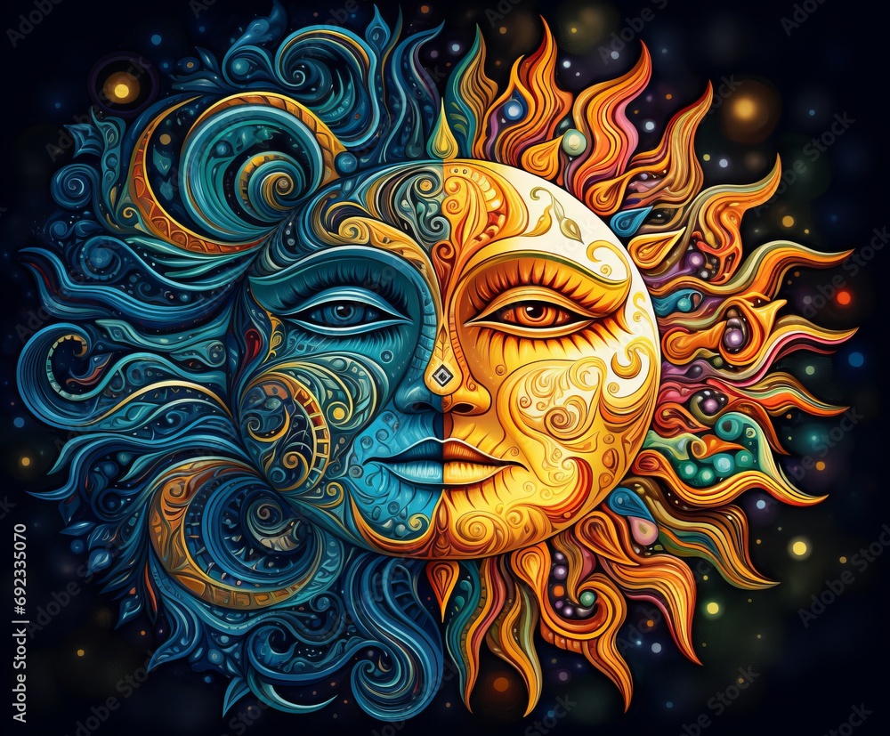 Big circle, half side as sun face and the other half as moon face, sun ...