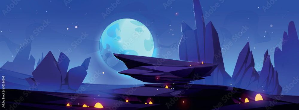 Game alien planet landscape with purple ground surface at night ...