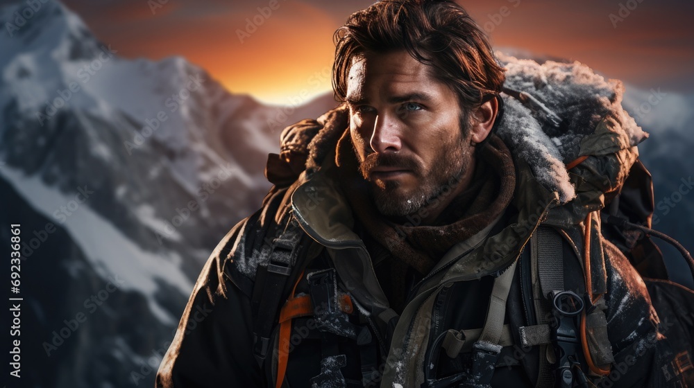 Conqueror's Triumph: An Intrepid Explorer, Clad in Rugged Attire ...