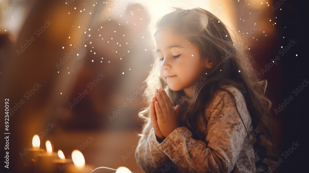 Candle light with young girl praying in dark night background. Woman ...