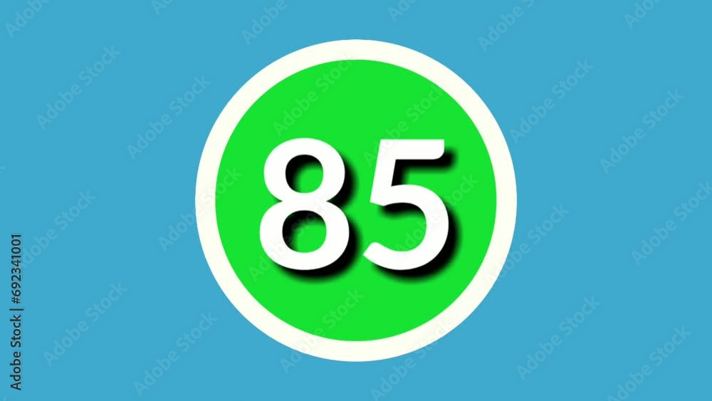 Number 85 sign symbol animation motion graphics on green sphere on blue ...