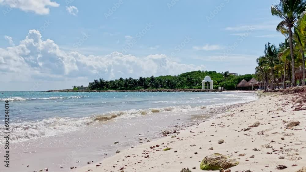 Beautiful beach in Tulum near Cancun Mexico with small waves, palm ...