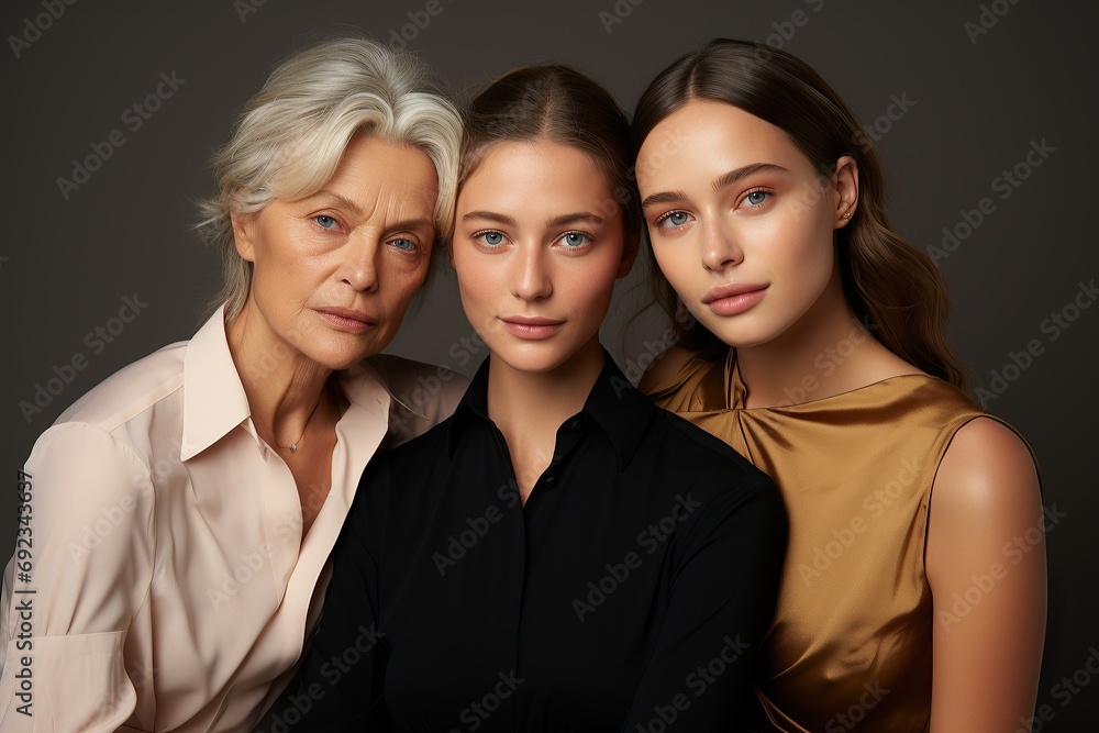family of three female generations hugging each other and looking at ...