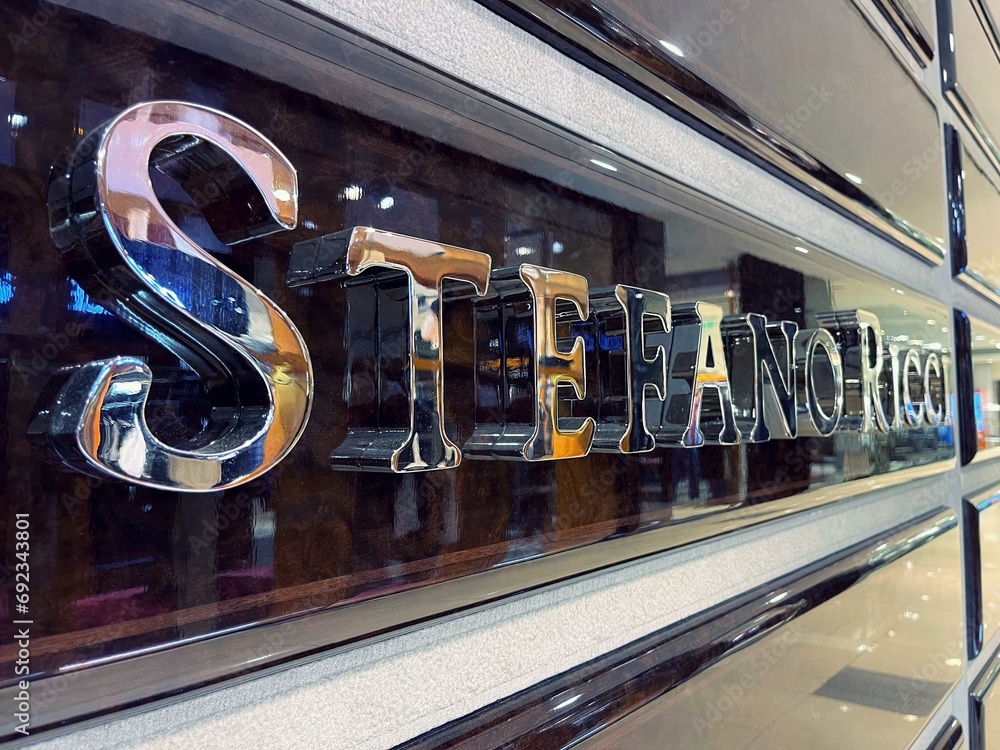 STEFANO RICCI brand. Logo closeup. Stylish nameplate, macro frame ...