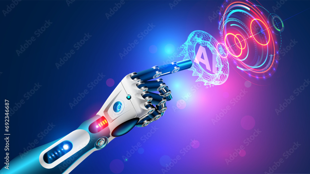 Robot arm with artificial intelligence presses a button with an AI logo ...