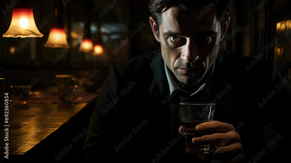 Upset young man drinker alcoholic sitting at bar counter with glass drinking whiskey alone, sad ...