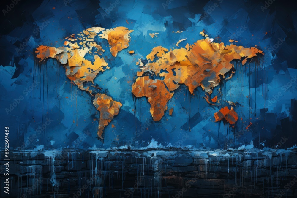 AI generated illustration of A golden world map illustrated on a deep ...