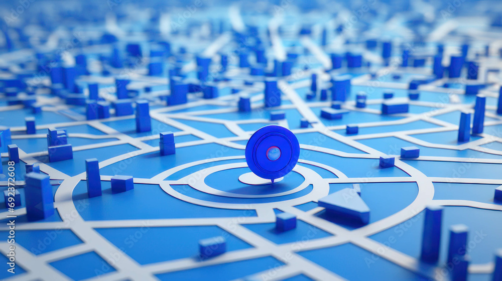 Blue location pin sign icon and a GPS navigation map indicating road ...