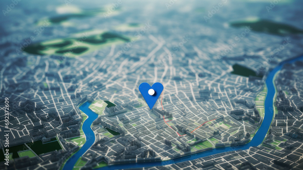 Blue location pin sign icon and a GPS navigation map indicating road ...