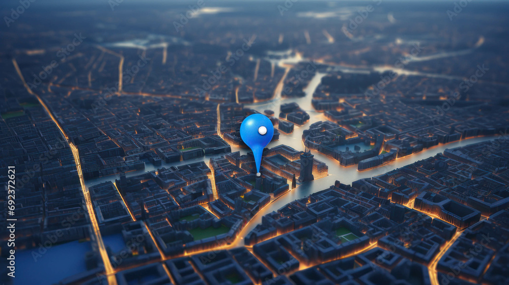Blue location pin sign icon and a GPS navigation map indicating road ...