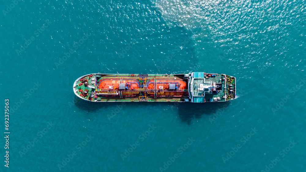 Aerial top view LPG gas ship, Ship tanker gas LPG top view on the sea for transportation ...