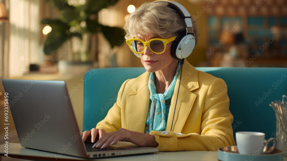 Senior lady, headphones on and working on laptop in vibrant attire ...