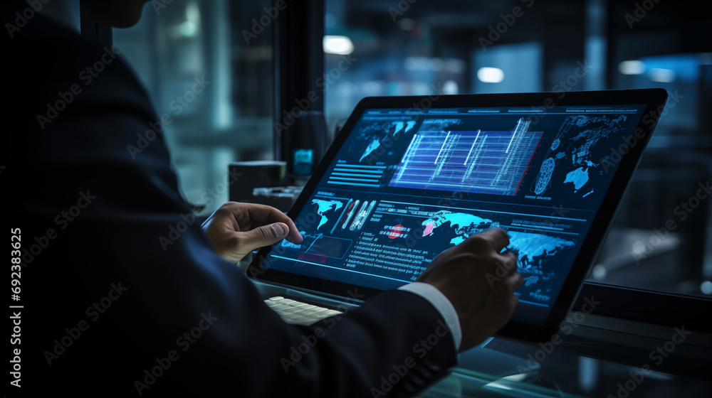 stock market graph, Man sitting with computer and working with growing ...