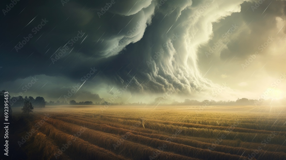 Natural disaster concept. Tornado raging over a landscape. Storm over ...