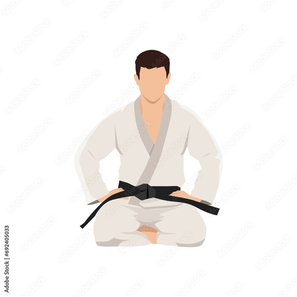 Black Belt karate man sit on a position to start or finish practicing ...