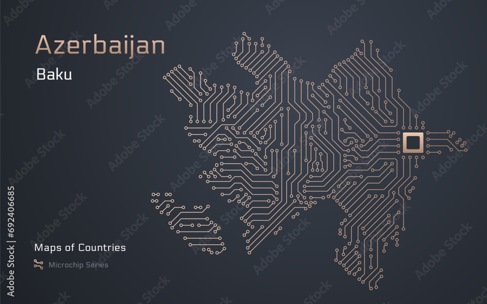 Azerbaijan Map with a capital of Baku Shown in a Microchip Pattern with ...
